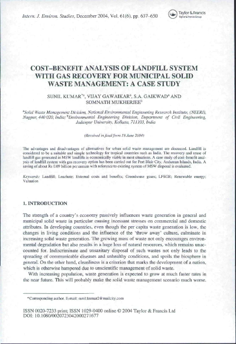 (PDF) Cost–benefit analysis of landfill system with gas recovery for ...