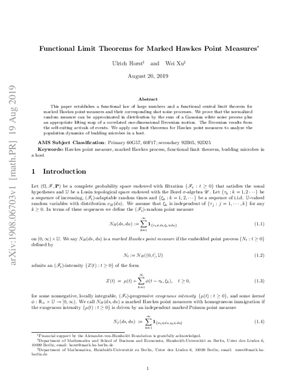 (PDF) Functional limit theorems for marked Hawkes point measures