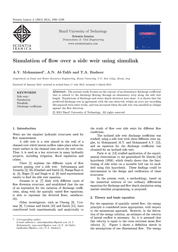 (PDF) Simulation of Flow Over The Side Weir Using Simulink | Azza N. Altalib - Academia.edu