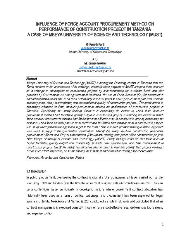 (DOC) INFLUENCE OF FORCE ACCOUNT PROCUREMENT METHOD ON PERFORMANCE OF ...