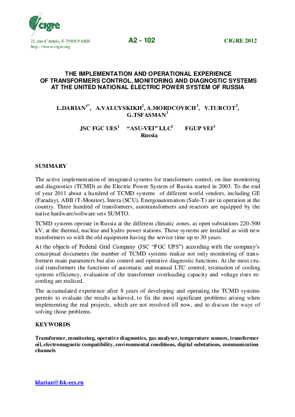 (PDF) THE IMPLEMENTATION AND OPERATIONAL EXPERIENCE OF TRANSFORMERS ...