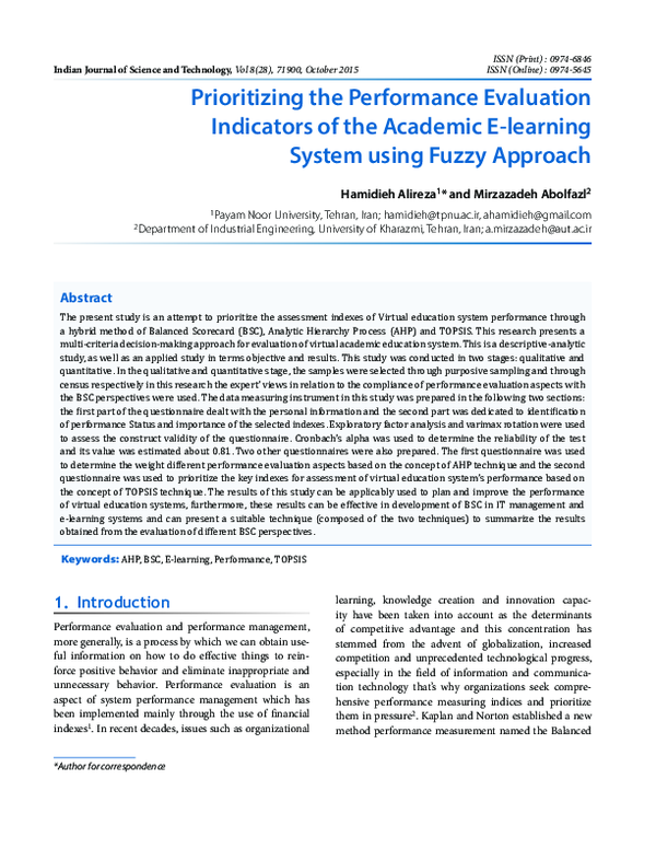 (PDF) Prioritizing the Performance Evaluation Indicators of the Academic E-learning System using ...