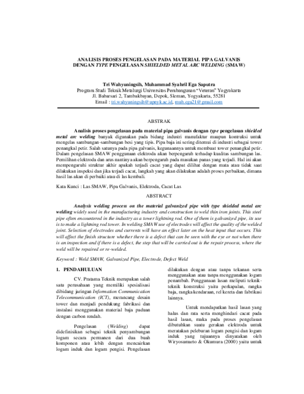 (PDF) Analisis Proses Pengelasan Pada Material Pipa Galvanis Dengan Type Pengelasan Shielded ...