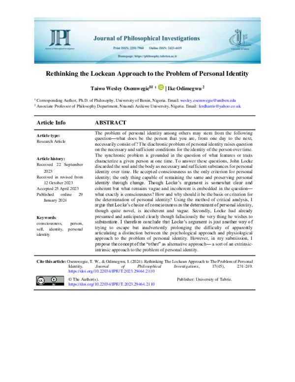 (PDF) Rethinking the Lockean Approach to the Problem of Personal Identity