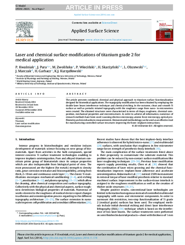 (PDF) Laser and chemical surface modifications of titanium grade 2 for ...