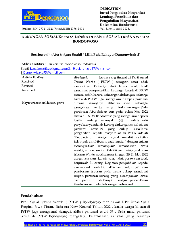 (PDF) Dukungan Sosial Kepada Lansia di Panti Sosial Tresna Werda Bondowoso