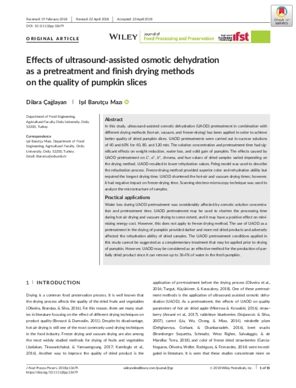 (PDF) Effects of ultrasound-assisted osmotic dehydration as a pretreatment and finish drying ...