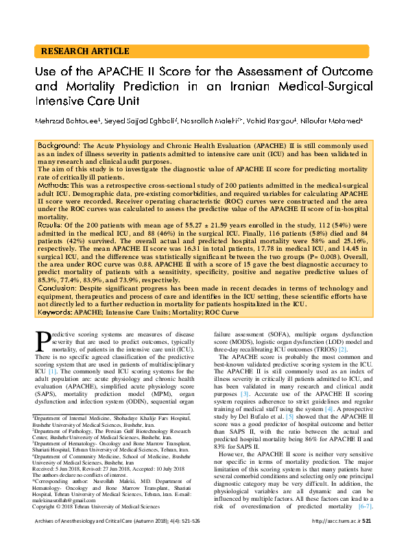 Pdf Use Of The Apache Ii Score For The Assessment Of Outcome And Mortality Prediction In An