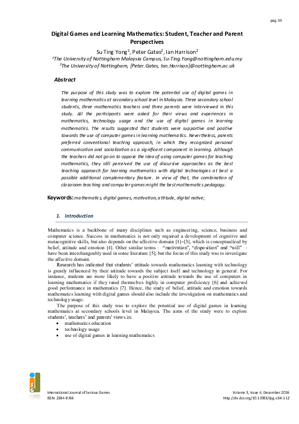 (PDF) Digital games and learning mathematics: Student, teacher and parent perspectives