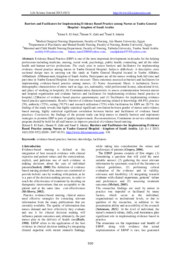 (PDF) Barriers and Facilitators for Implementing Evidence Based Practice among Nurses at Yanbu ...