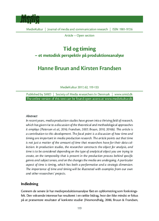 (PDF) Tid og timing: Et metodisk perspektiv på produktionsanalyse