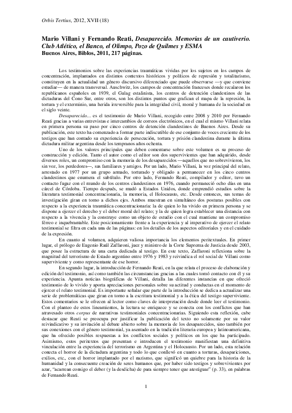 (PDF) Mario Villani y Fernando Reati, Desaparecido. Memorias de un ...
