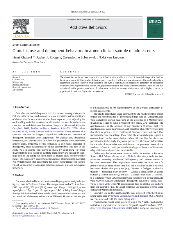 (PDF) Cannabis use and delinquent behaviors in a non-clinical sample of ...