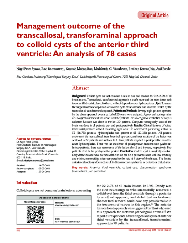 (PDF) Management outcome of the transcallosal, transforaminal approach ...