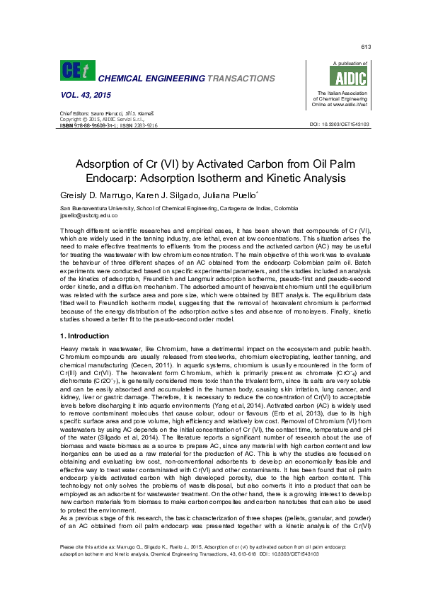(PDF) Adsorption of Cr (VI) by Activated Carbon from Oil Palm Endocarp: Adsorption Isotherm and ...