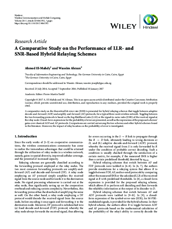 (PDF) A Comparative Study on the Performance of LLR- and SNR-Based Hybrid Relaying Schemes