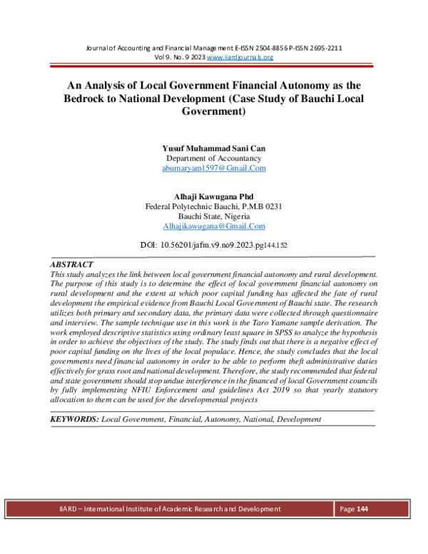 (PDF) An Analysis of Local Government Financial Autonomy as the Bedrock ...