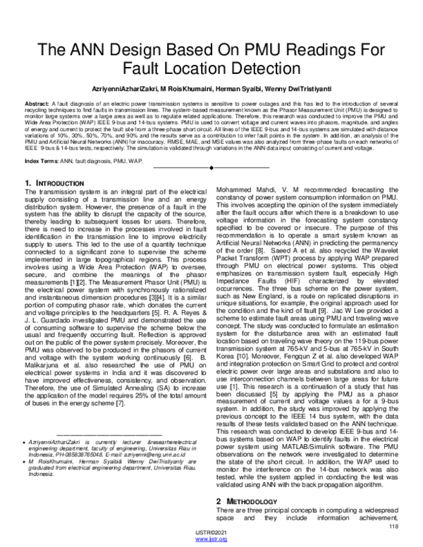 (PDF) The ANN Design Based On PMU Readings For Fault Location Detection