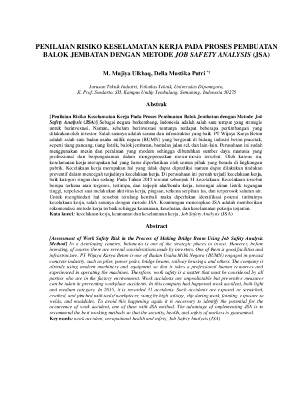 (PDF) Penilaian Risiko Keselamatan Kerja Pada Proses Pembuatan Balok Jembatan Dengan Metode Job ...