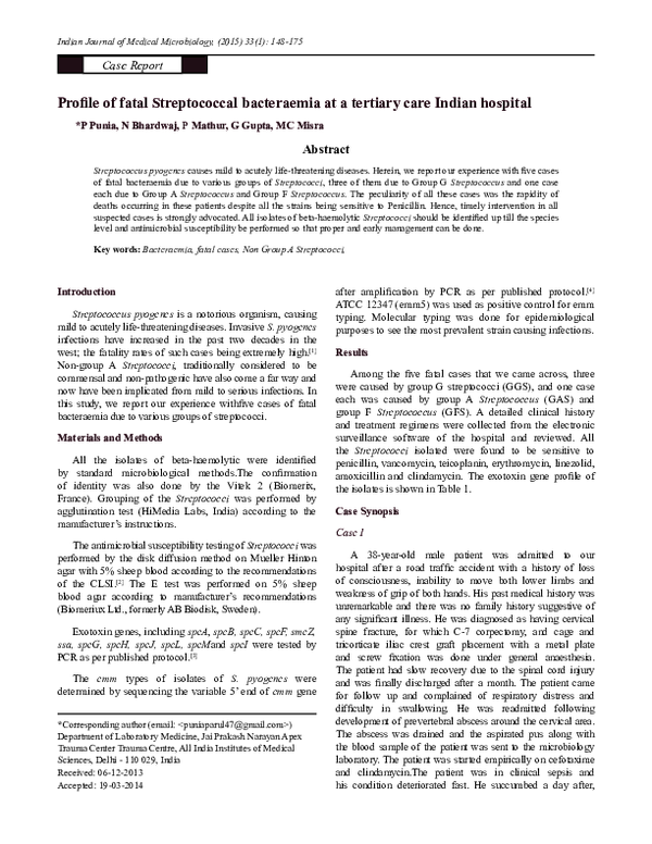 (PDF) Profile of fatal Streptococcal bacteraemia at a tertiary care Indian hospital