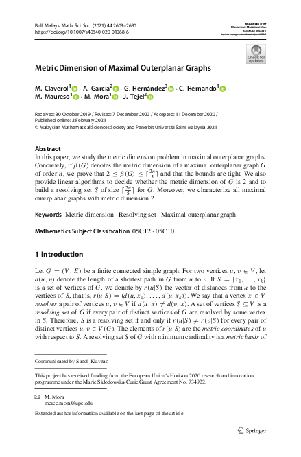 (PDF) Metric Dimension of Maximal Outerplanar Graphs