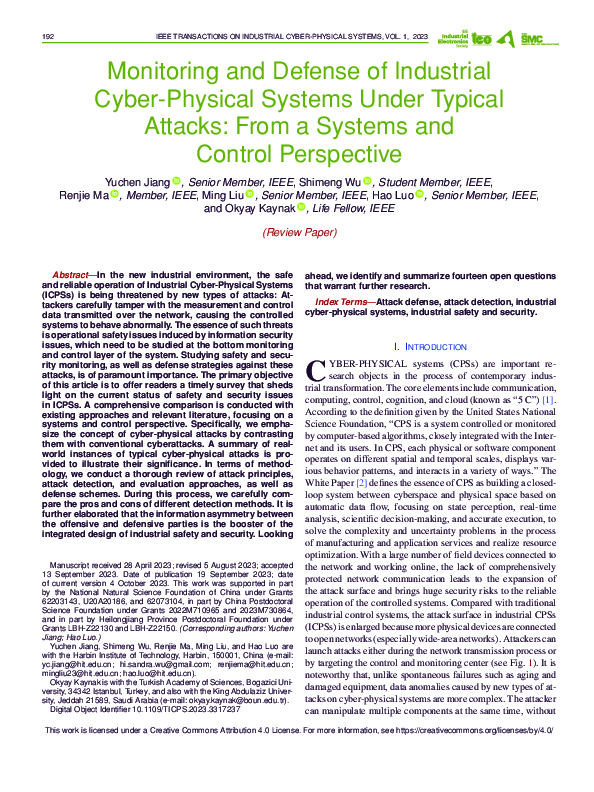Pdf Monitoring And Defense Of Industrial Cyber Physical Systems Under Typical Attacks From A