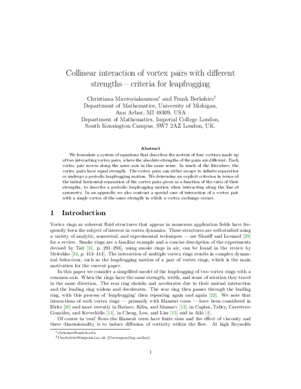 (PDF) Collinear interaction of vortex pairs with different strengths—Criteria for leapfrogging