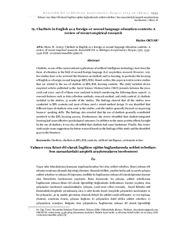 (PDF) 79. Chatbots in English as a foreign or second language education contexts: A review of ...