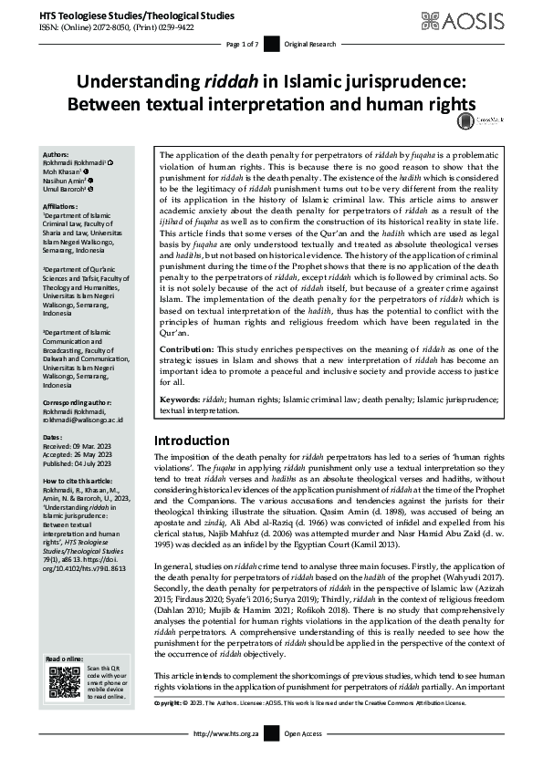 (PDF) Understanding riddah in Islamic jurisprudence: Between textual ...