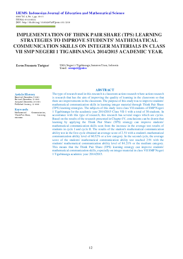 (PDF) Implementation of Think Pair Share (TPS) Learning Strategies to Improve Students ...