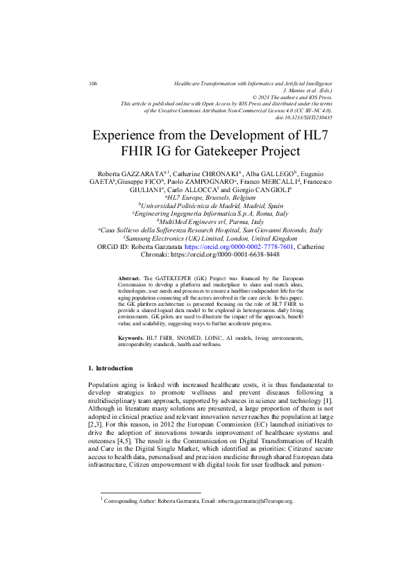 (PDF) Experience from the Development of HL7 FHIR IG for Gatekeeper Project