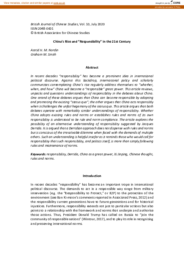 (PDF) China’s Rise and “Responsibility” in the 21st Century