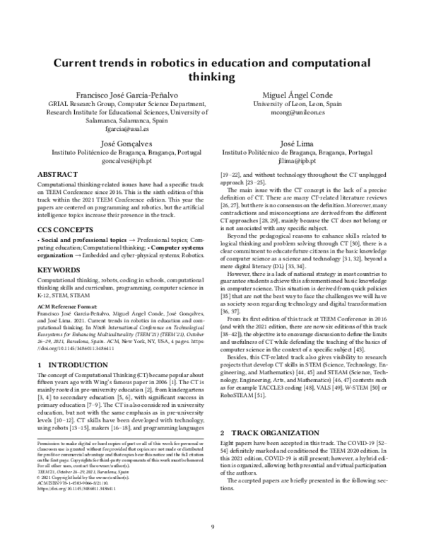 (PDF) Current trends in robotics in education and computational thinking
