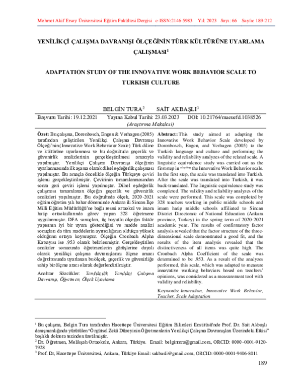 (PDF) Adaptation Study of the Innovative Work Behavior Scale to Turkish ...