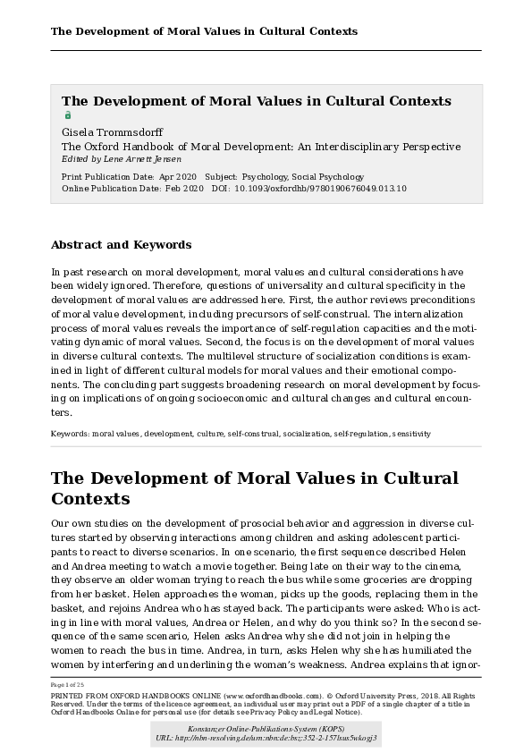 (PDF) The Development of Moral Values in Cultural Contexts