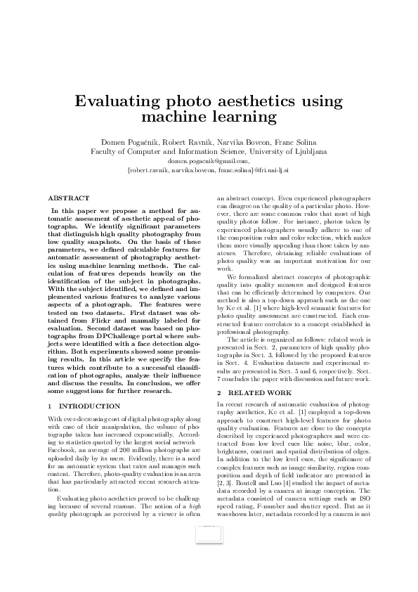 (PDF) Evaluating photo aesthetics using machine learning