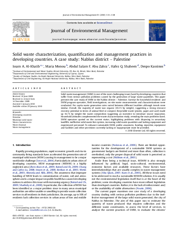 (PDF) Solid waste characterization, quantification and management ...