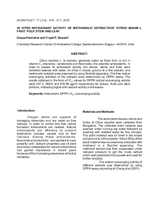 (PDF) In vitro antioxidant activity of methanolic extracts of Citrus maxim L. fruit pulp, stem ...
