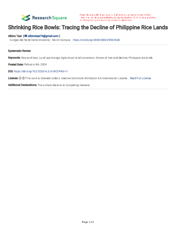 (PDF) Shrinking Rice Bowls: Tracing the Decline of Philippine Rice Lands
