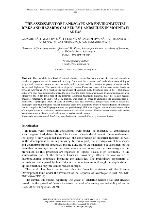 (PDF) THE ASSESSMENT OF LANDSCAPE AND ENVIRONMENTAL RISKS AND HAZARDS CAUSED BY LANDSLIDES IN ...