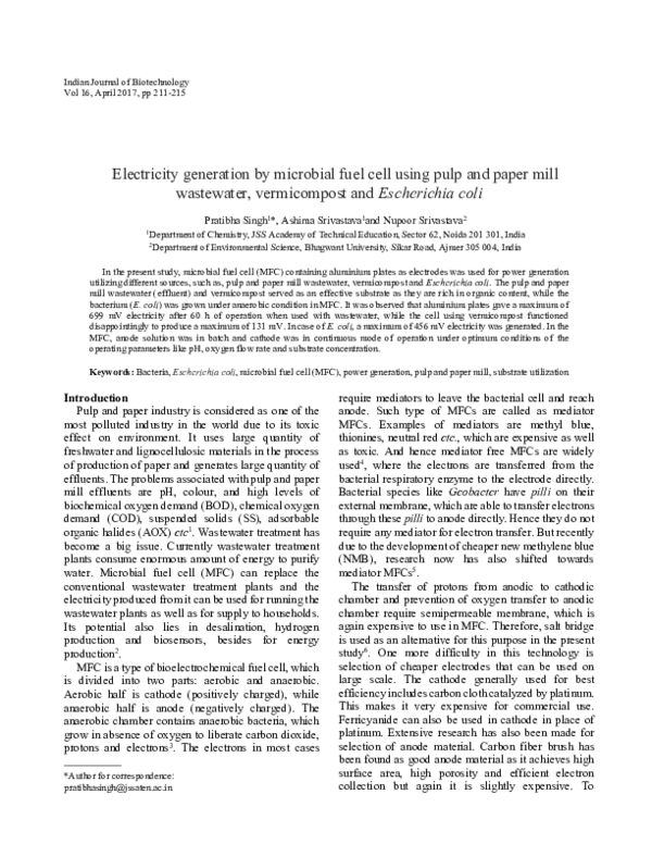 (PDF) Electricity generation by microbial fuel cell using pulp and ...