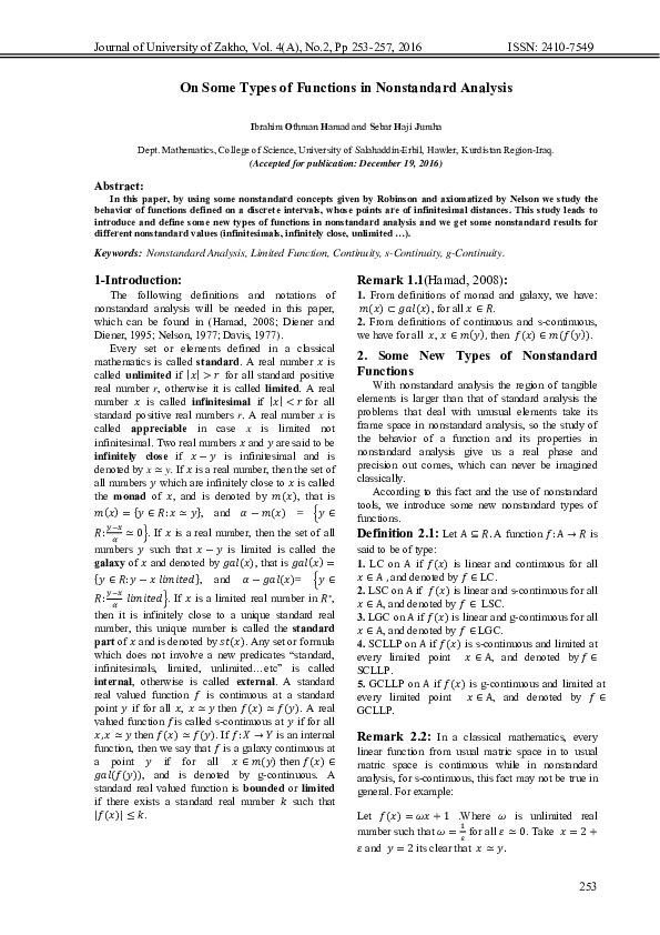 (PDF) On Some Types of Functions in Nonstandard Analysis