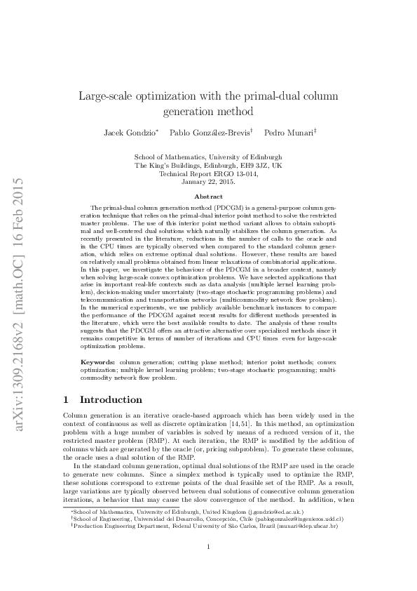 (PDF) Large-scale optimization with the primal-dual column generation method | Jacek Gondzio ...