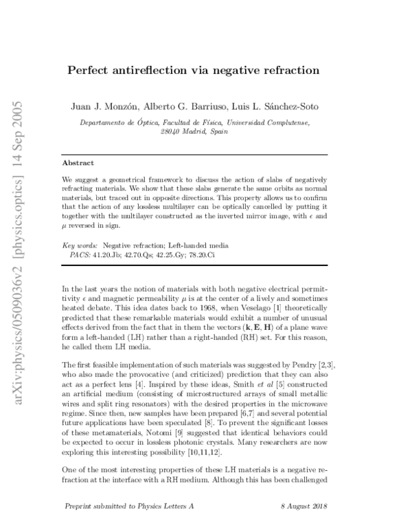 (PDF) Perfect antireflection via negative refraction