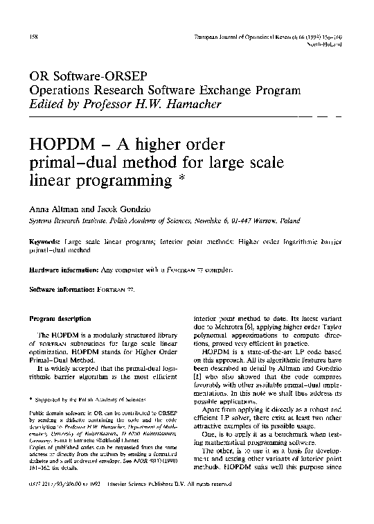 Pdf Hopdm — A Higher Order Primal Dual Method For Large Scale Linear Programming Jacek