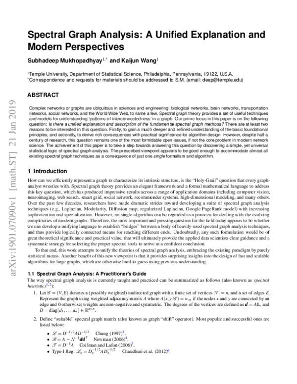 (PDF) Spectral Graph Analysis: A Unified Explanation and Modern Perspectives