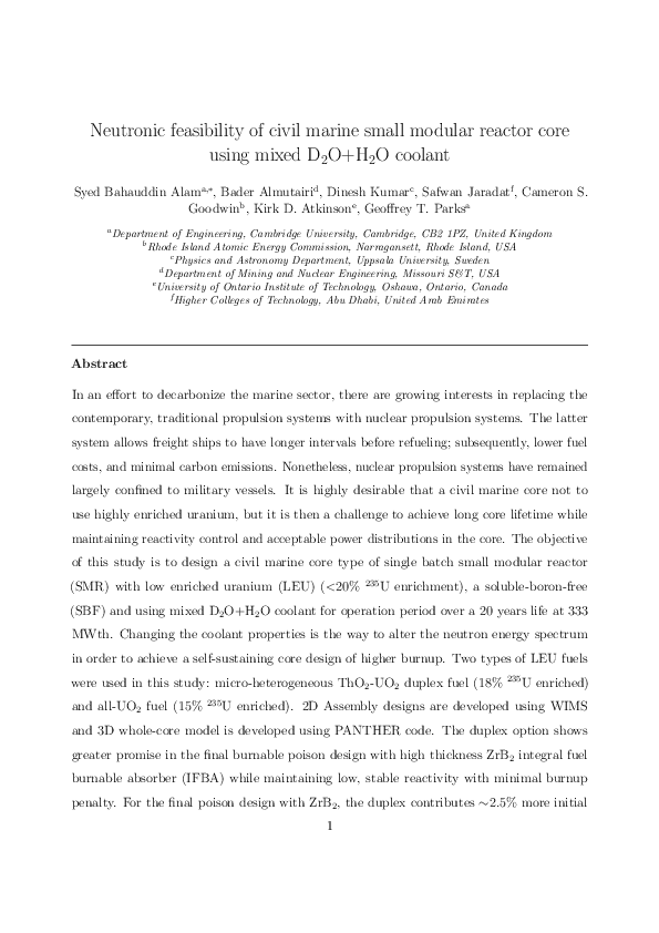 (PDF) Neutronic feasibility of civil marine small modular reactor core using mixed D2O+H2O coolant