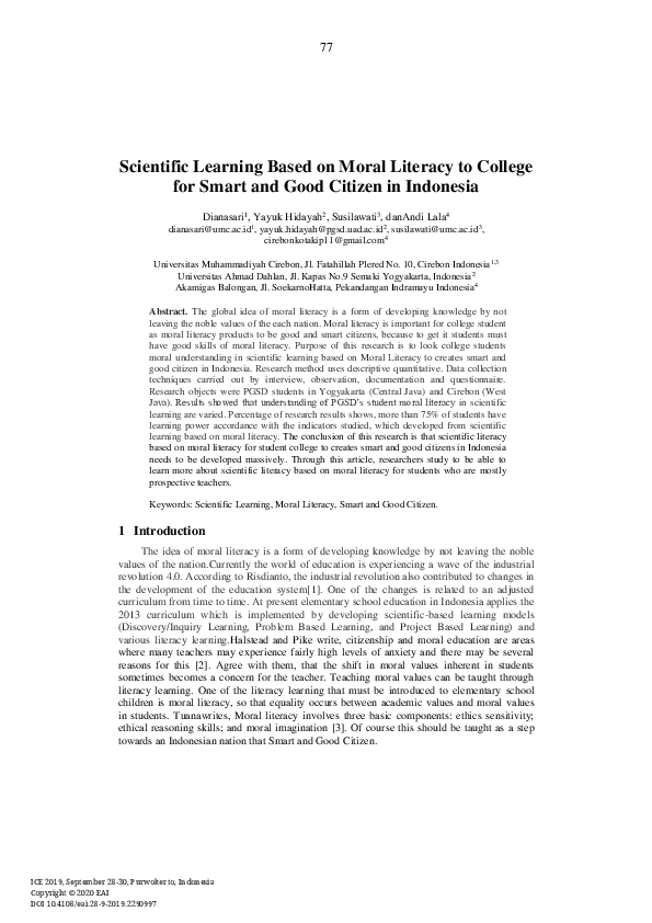 (PDF) Scientific Learning Based on Moral Literacy to College for Smart ...