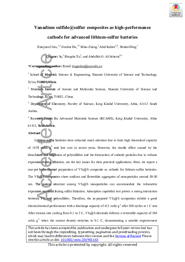 (PDF) Vanadium Sulfide@Sulfur Composites as High‐Performance Cathode ...