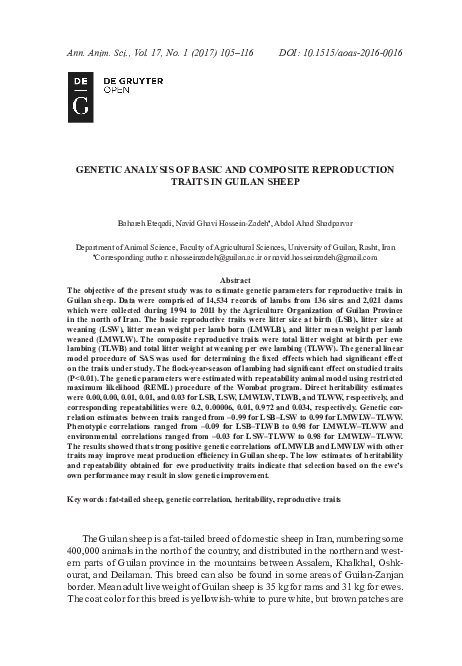 (PDF) Genetic Analysis of Basic and Composite Reproduction Traits in Guilan Sheep